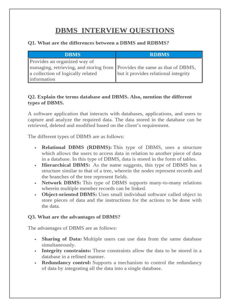 Dbms Interview Questions | PDF | Databases | Database Index