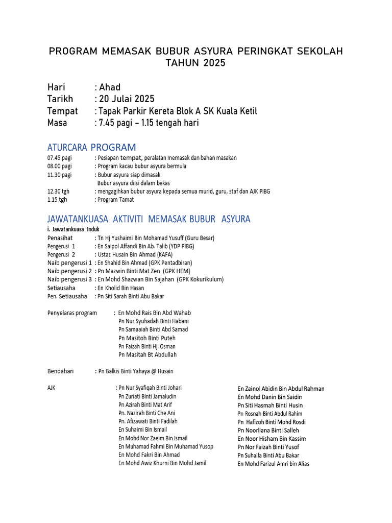 Program Memasak Bubur Asyura Peringkat Sekolah Tahun 2025 | PDF