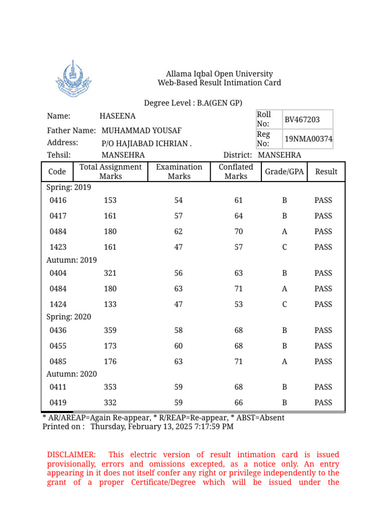 AIOU Online Web-Based Result | PDF