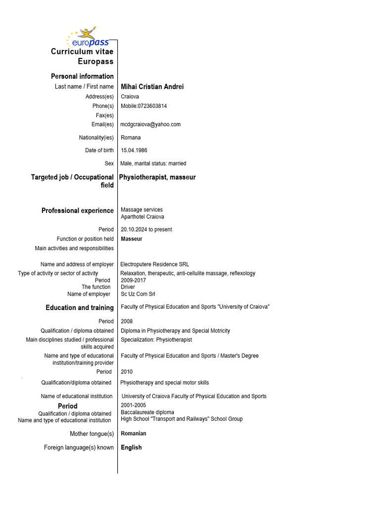 CV Mihai Cristian Andrei English | PDF | Physical Therapy | Massage