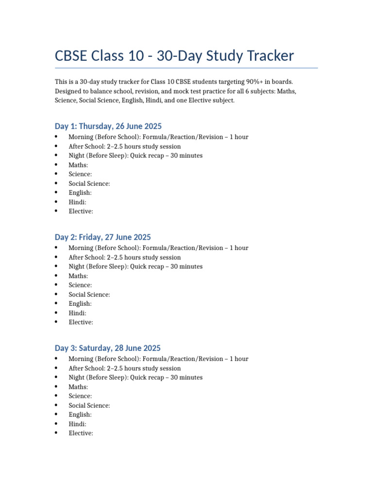 Class 10 CBSE 30-Day Study Plan | PDF