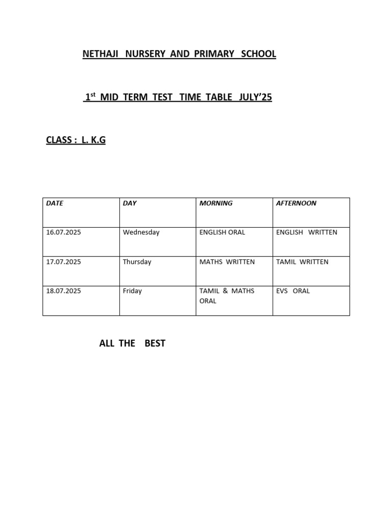 Nethaji LKG Mid Term Test Schedule | PDF