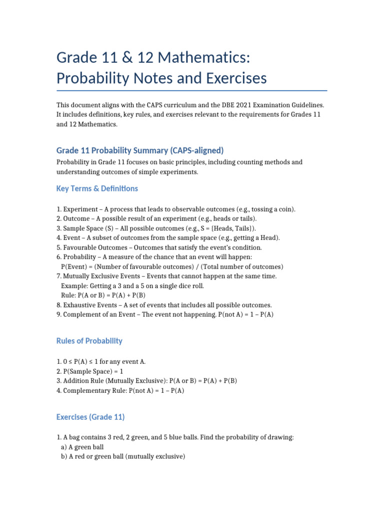 Grade 11 12 Probability CAPS Aligned Notes | PDF | Probability ...
