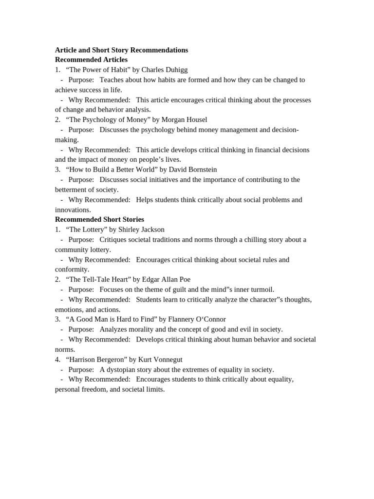 Recommended Articles and Short Stories | PDF | Thought | Critical Thinking