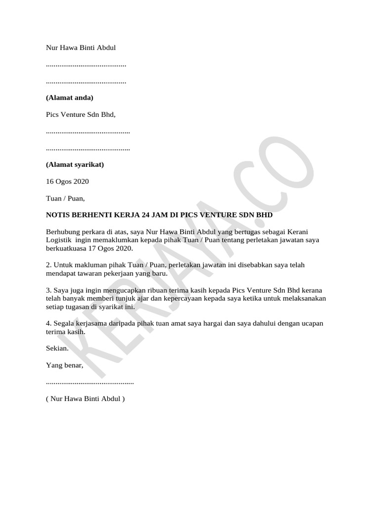 Contoh Surat Berhenti Kerja 24 Jam BM | PDF