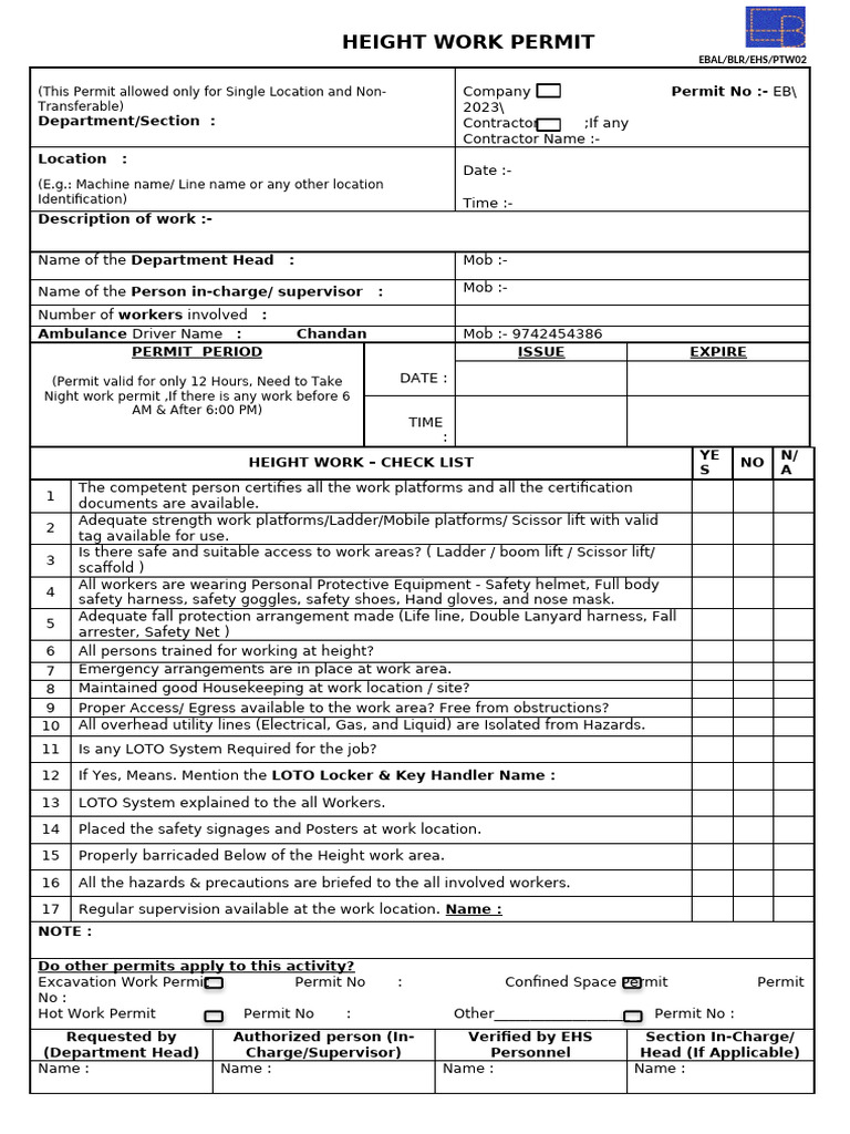 EBAL - 02-Height Work Permit | PDF | Occupational Safety And Health ...