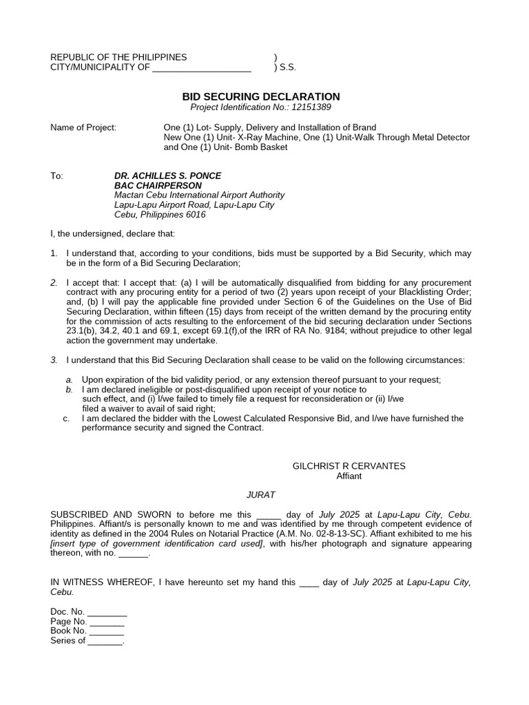 Bid Securing Declaration | PDF | Affidavit