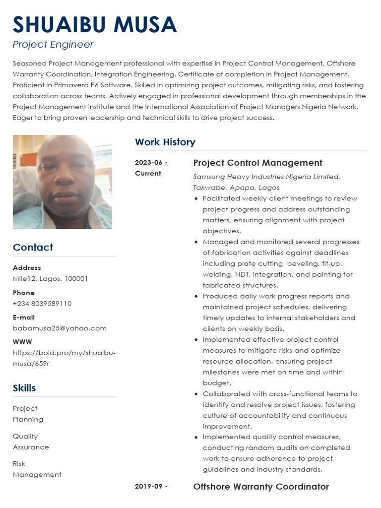 SHUAIBU - MUSA - Resume-Project Control - Not Cost Control History ...