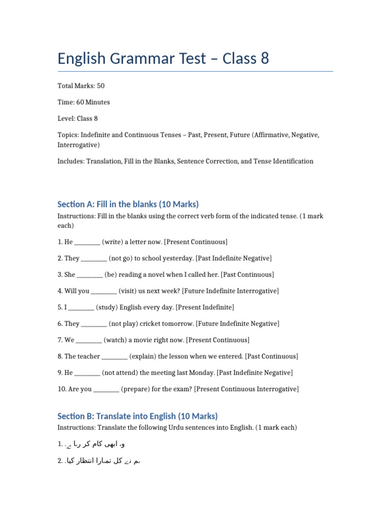 Class 8 English Grammar Test | PDF | Grammatical Tense | Language Mechanics