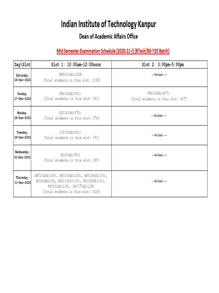 Midsem Exam Schedule BTech BS Y20 Batch | PDF