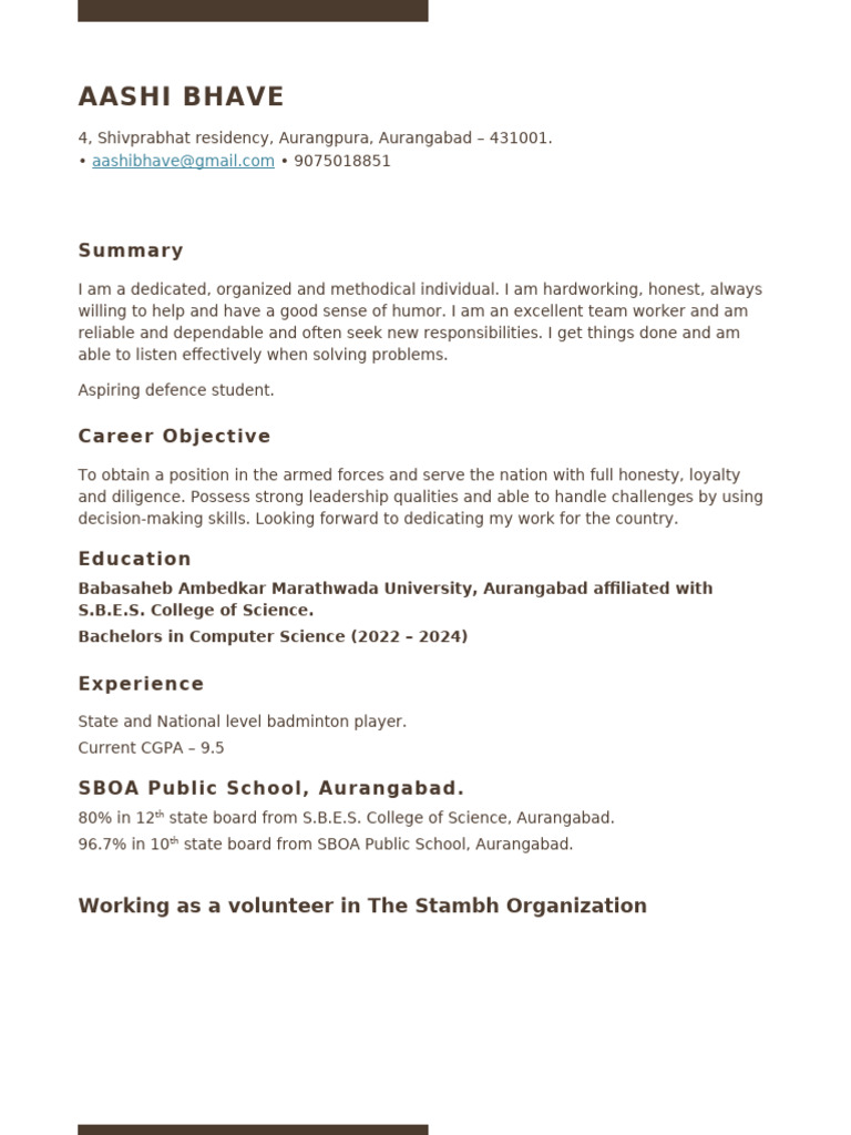 Aashi Bhave: Working As A Volunteer in The Stambh Organization | PDF