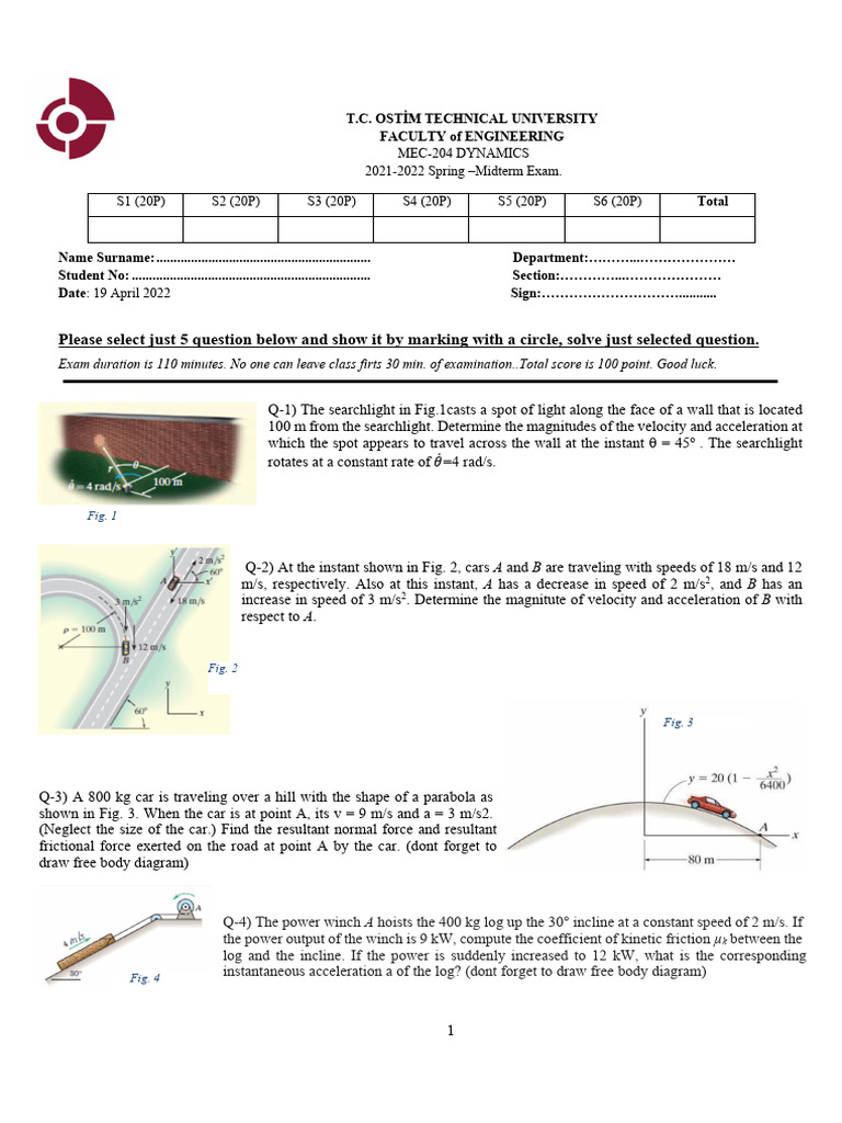 MEC204 MidTerm 2021 22spring | PDF | Force | Applied And Interdisciplinary Physics