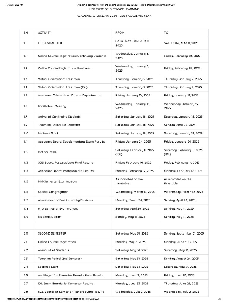 Academic Calendar For First and Second Semester 2024 - 2025 - Institute ...