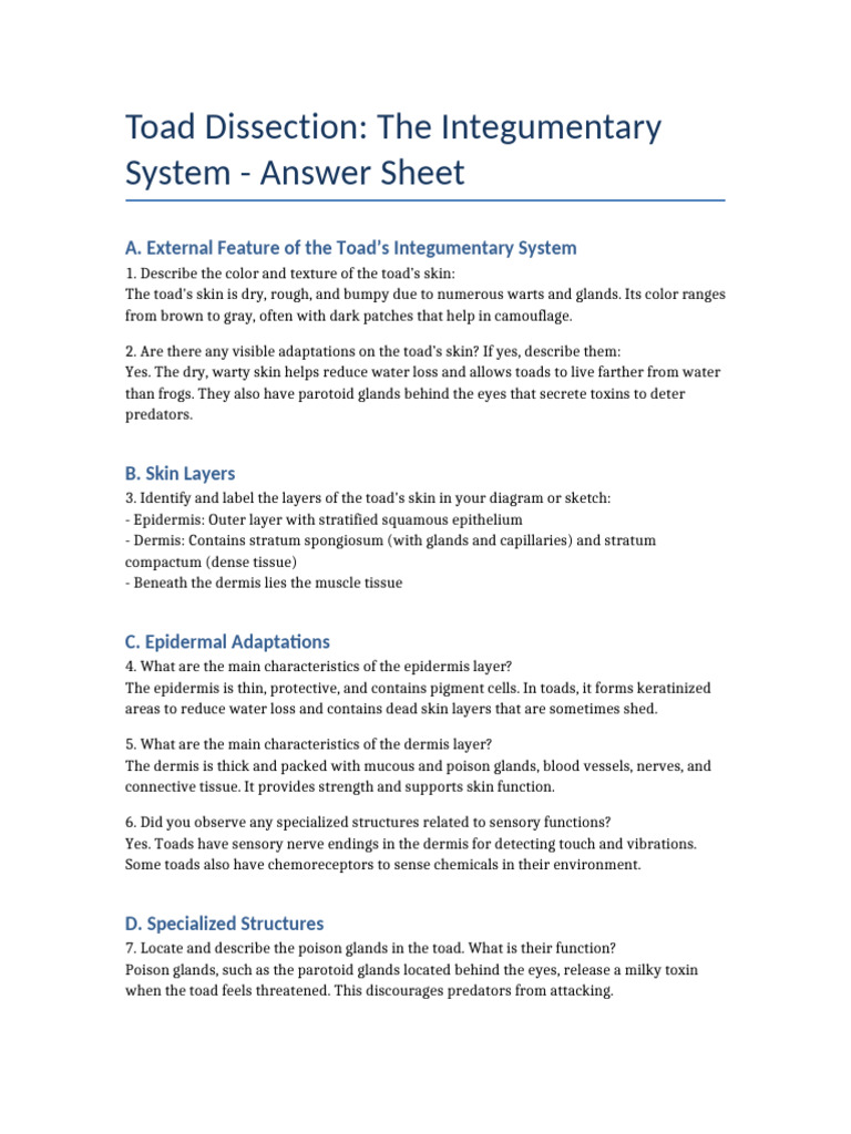Toad Dissection Integumentary System Answers | PDF | Skin ...