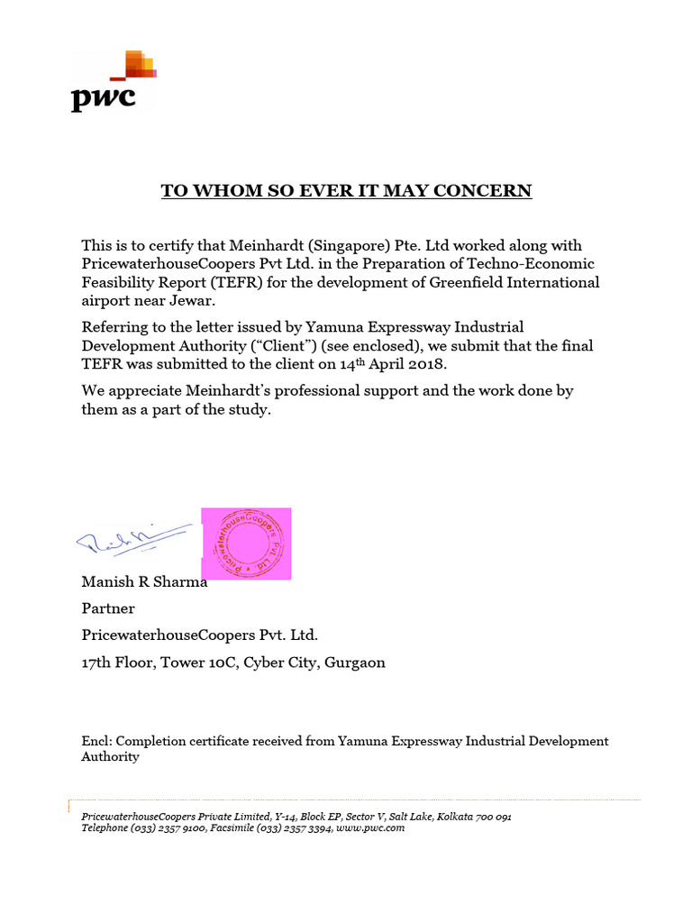 Jewar Airport - PWC Completion Certificate | PDF