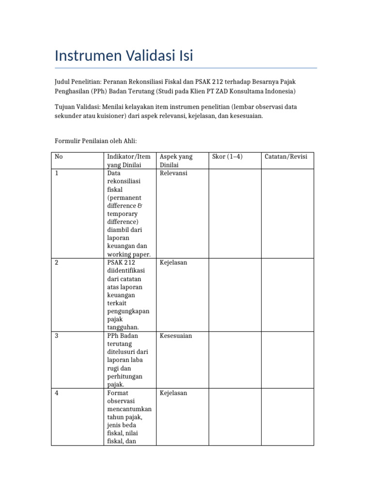 Instrumen Validasi Isi Penelitian PPH Badan | PDF