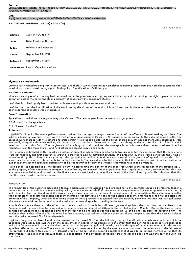 R V Tusi and Another 1957 - 4 - Sa 553 - N | PDF | Burglary | Witness