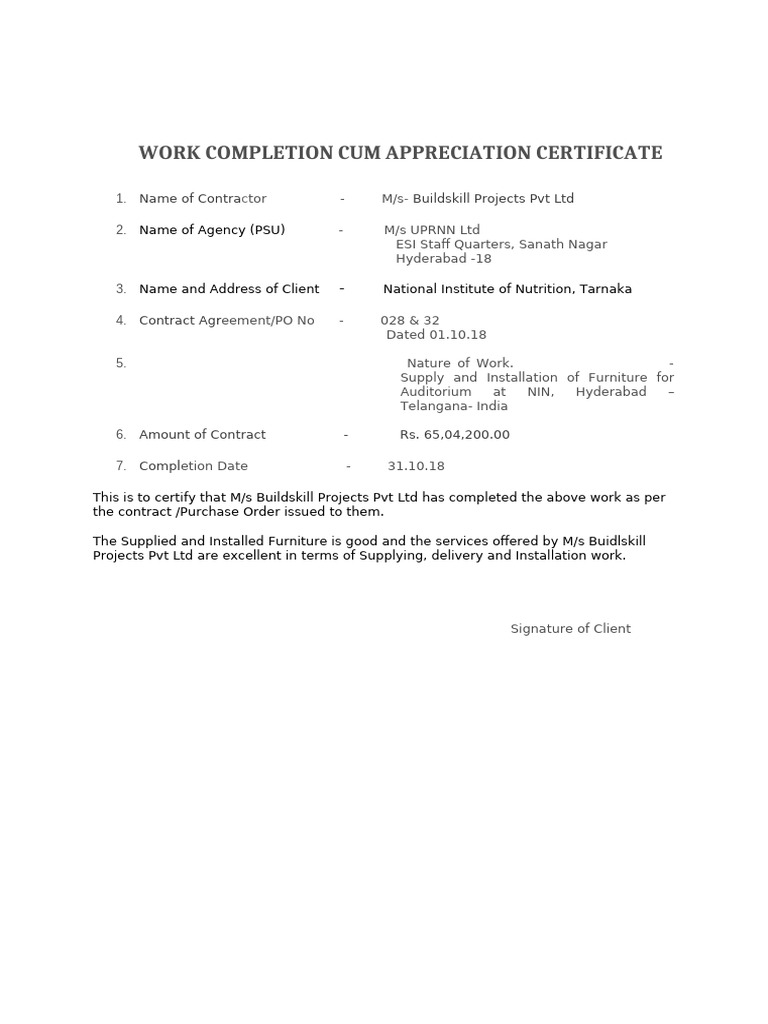 Completion Certificate for Furniture Installation | PDF