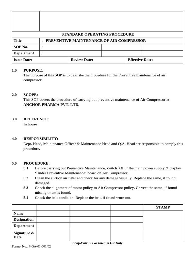 Eg-003 Preventive Maintenance of Air Compressor | PDF | Manufactured ...