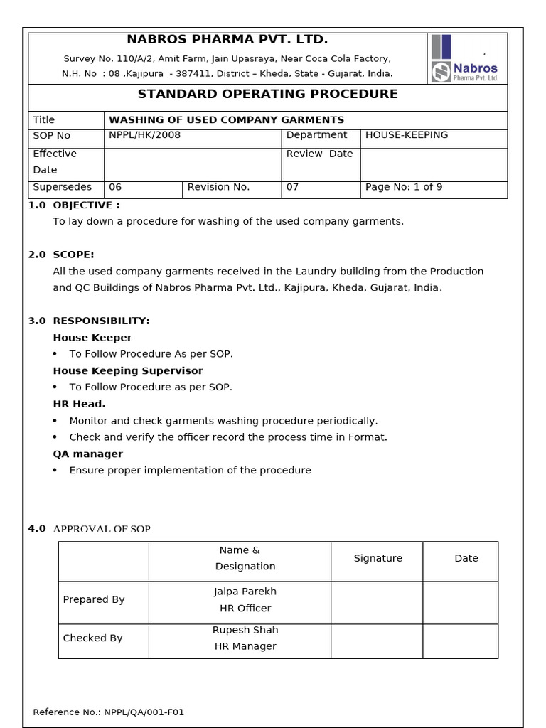 SOP for Washing Company Garments | PDF | Washing Machine | Clothes Dryer