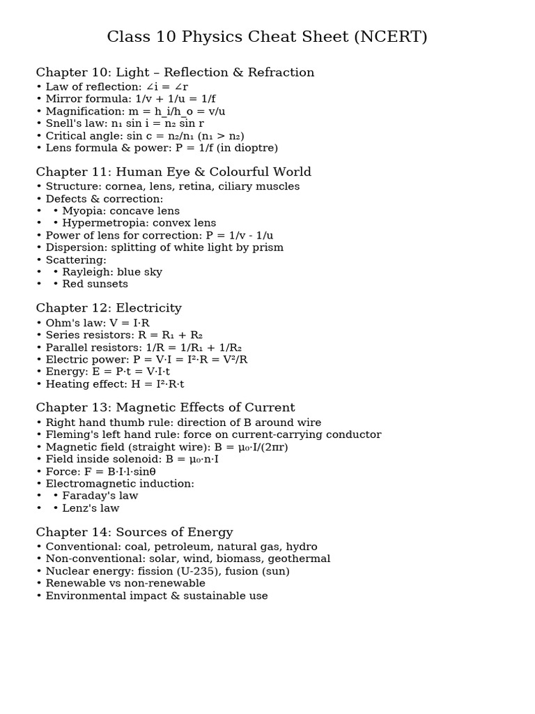 Class 10 Physics Formula Cheat Sheet | PDF