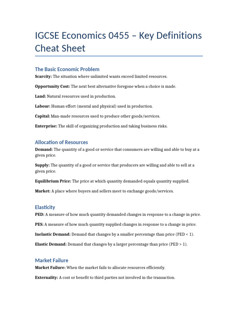 IGCSE Economics 0455 Key Terms Guide | PDF | Demand | Prices