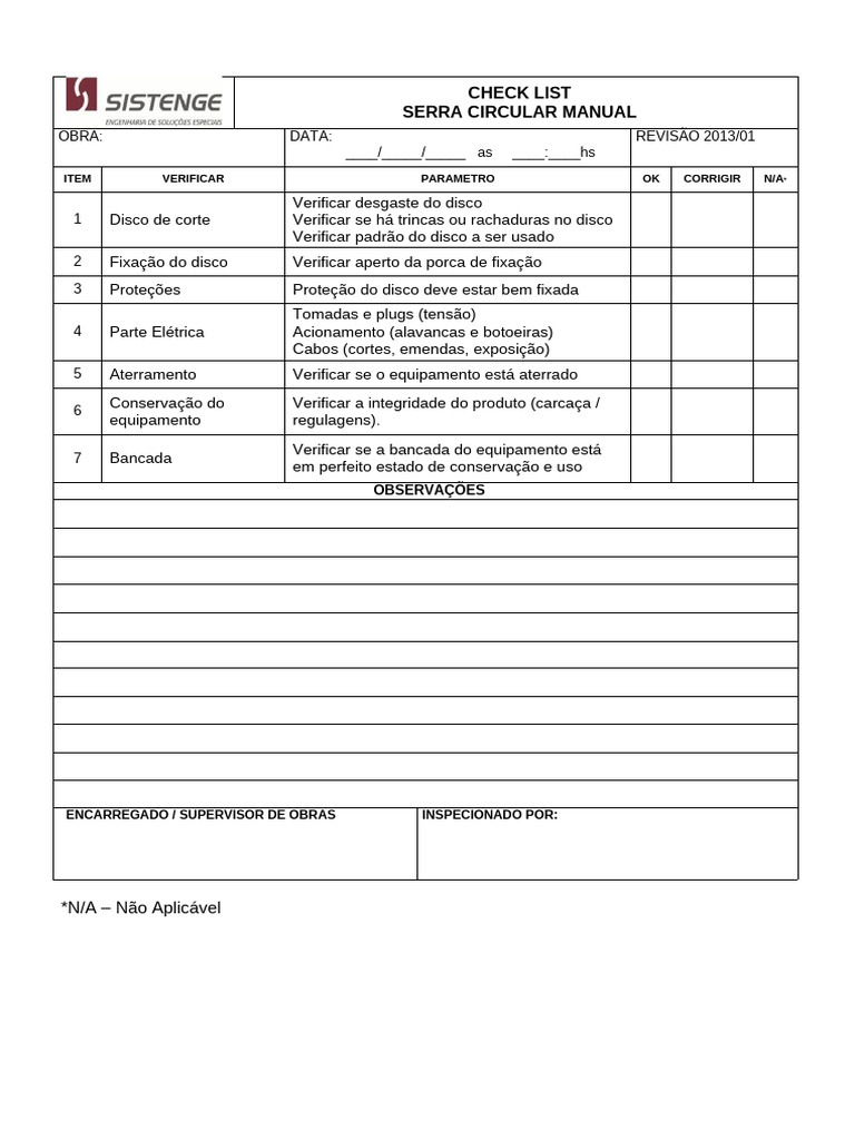 Check List Serra Circular Manual | PDF