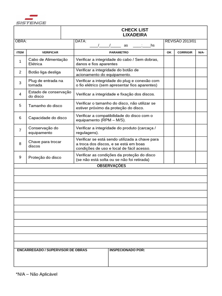 Checklist de Inspeção para Lixadeira | PDF