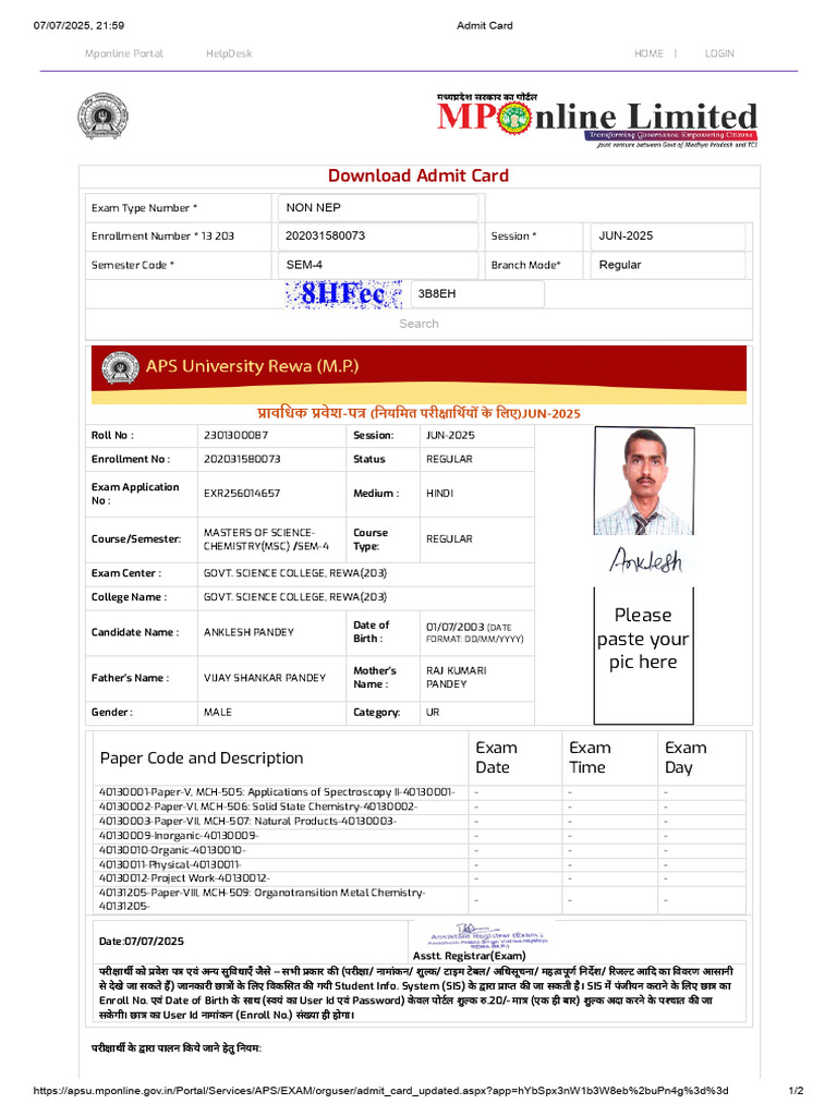 APS Admit Card | PDF