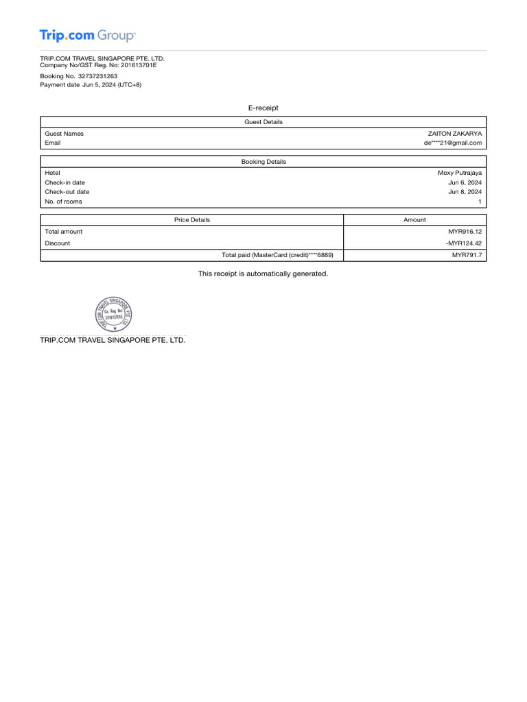 Hotel Booking 32737231263 E-Receipt | PDF