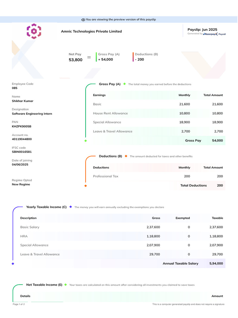 Payslip for Shikhar Kumar - Jun 2025 | PDF | Paycheck | Taxes