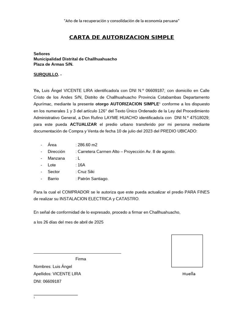 Carta Simple de Autorizacion de Catastro | PDF