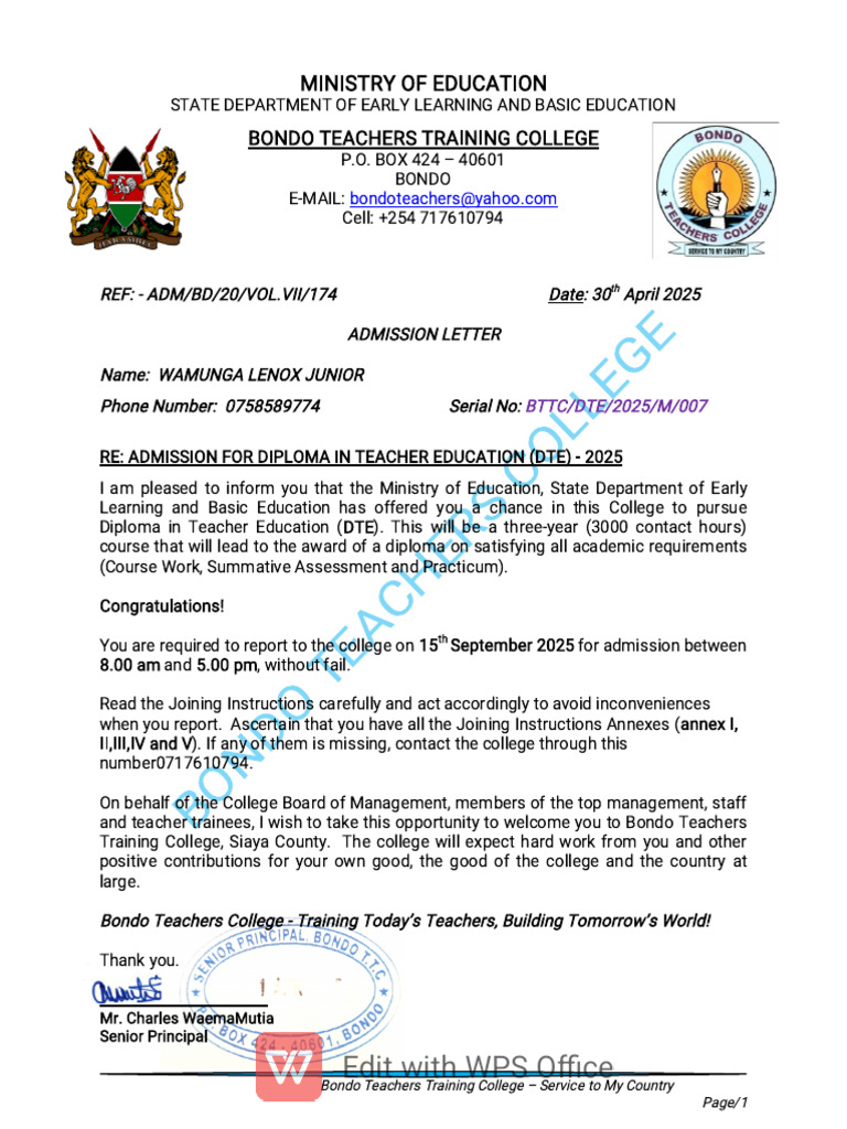 Bondo TTC Admission Letter 2025 | PDF