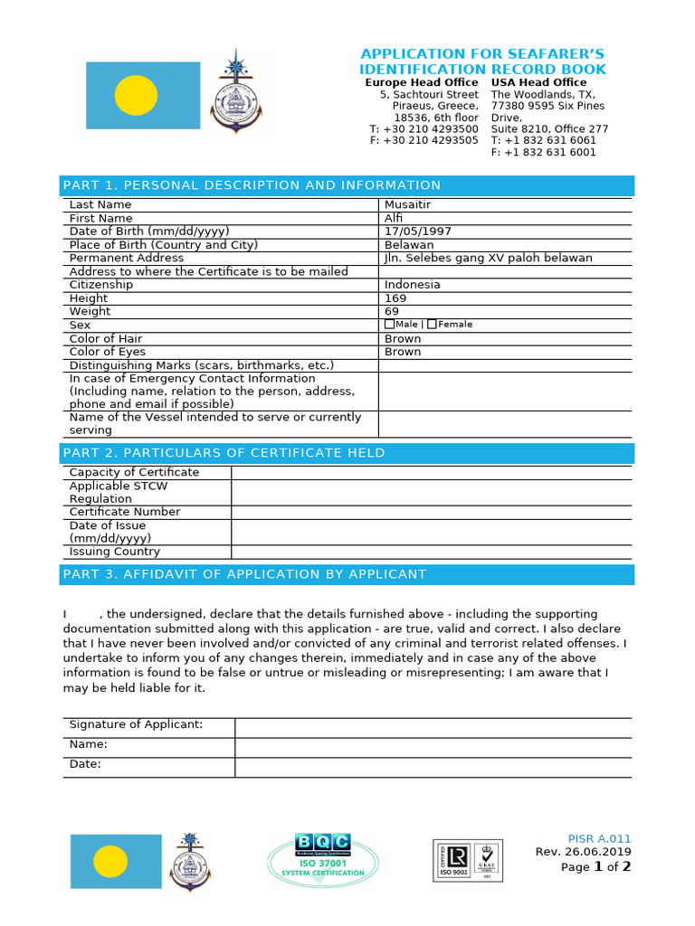 Seafarer Identification Record Application | PDF | Government And ...