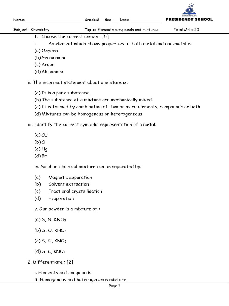 Chemistry Quiz: Elements & Mixtures | PDF | Mixture | Chemical Compounds