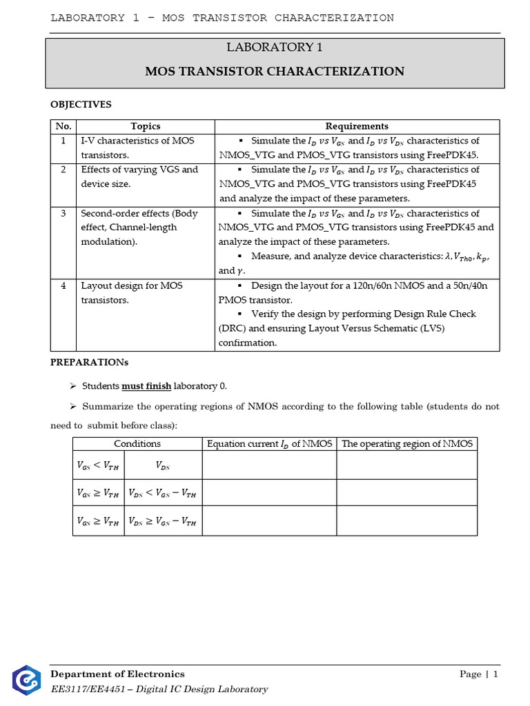 MOS Transistor Characterization Lab Guide | PDF | Mosfet | Electronic ...