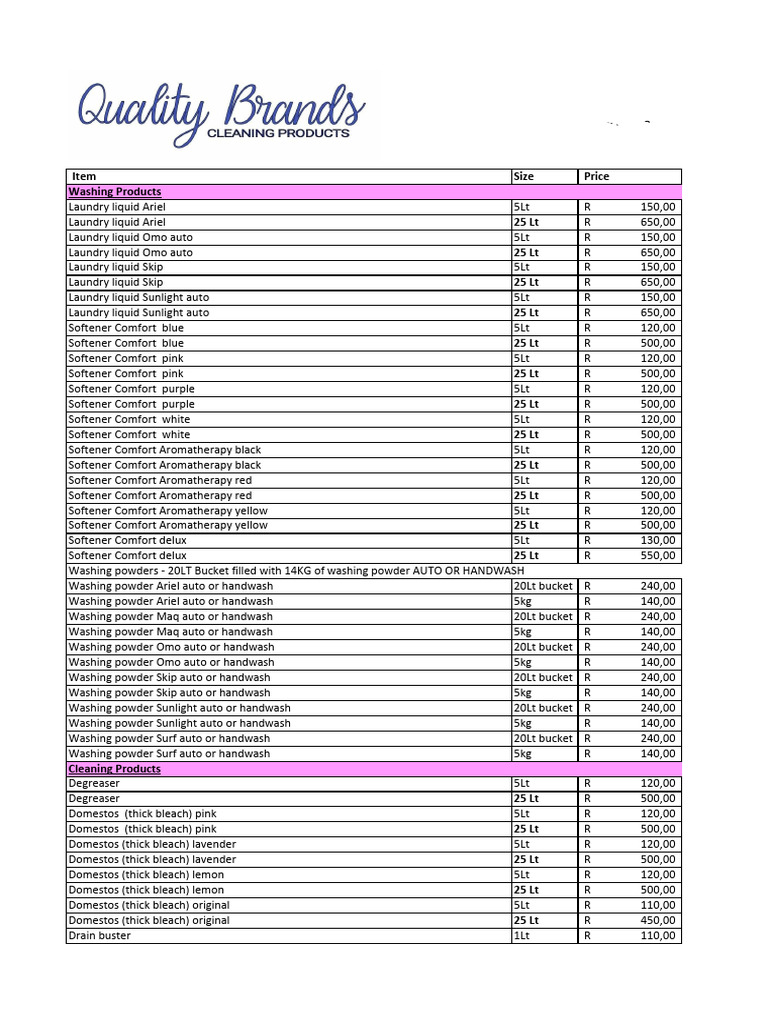Quality Brand Detergents Price List July 2025 | PDF | Cleaning | Hygiene