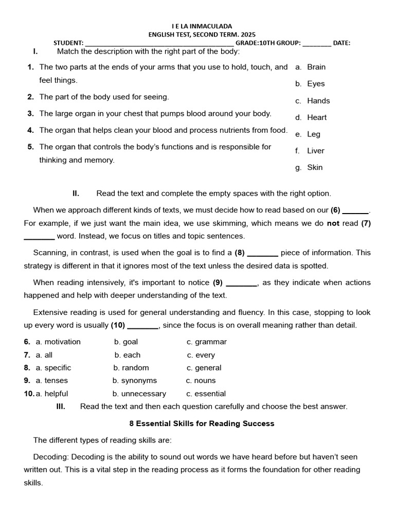 2025 10th Grade English Exam Guide | PDF | Phonics | Reading Comprehension
