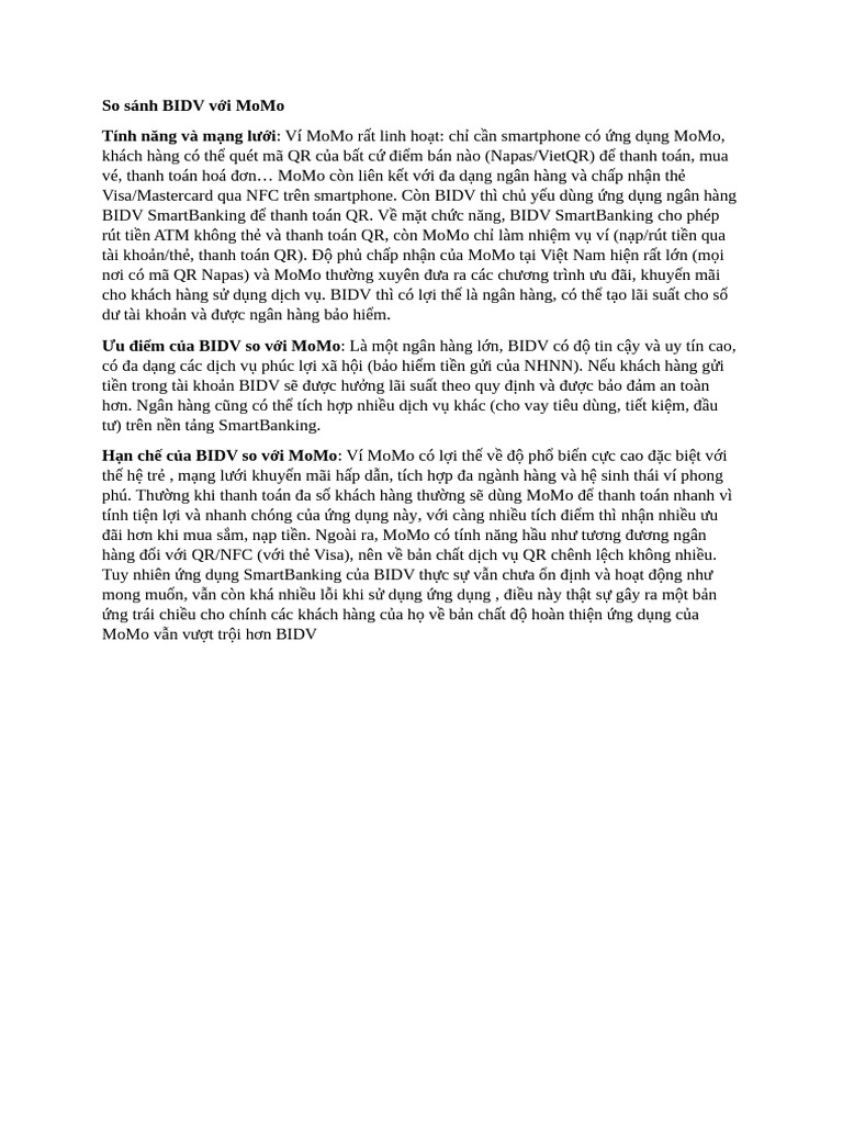 So Sánh BIDV V I MoMo | PDF