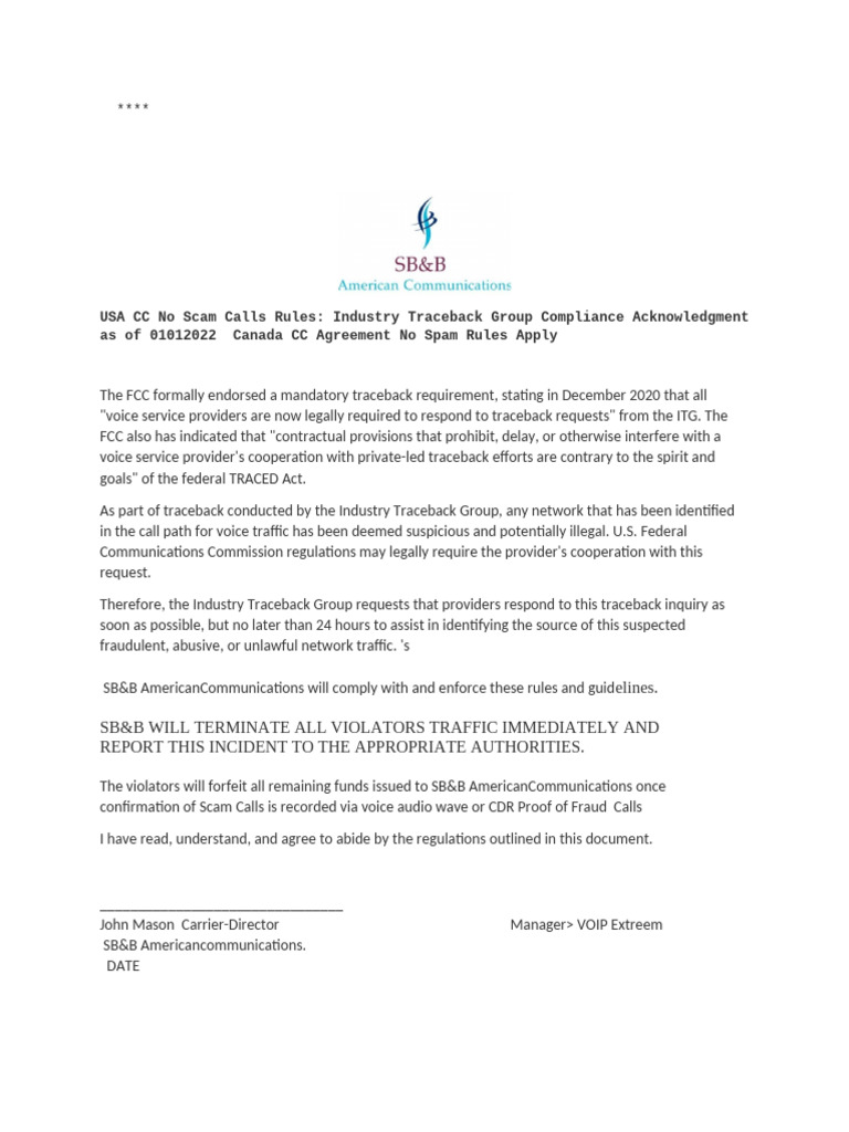 OC SBB Canada USA CC No Scam Cal Rules Industry Traceback Group ...