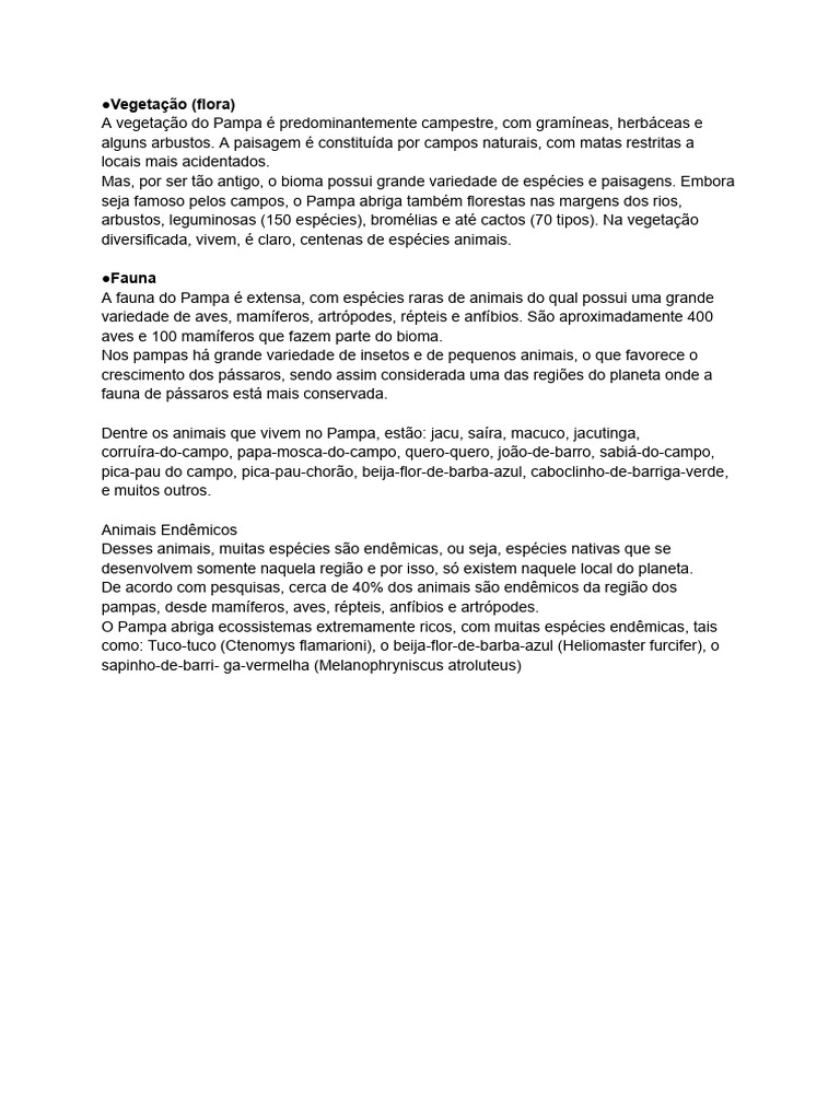 Flora e Fauna do Bioma Pampa | PDF