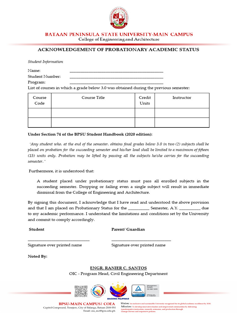 Notice of Academic Undertaking Probationary Status | PDF
