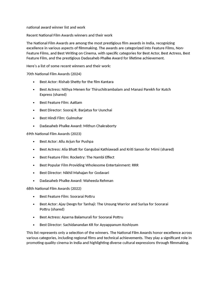 National Award Winner List and Work | PDF