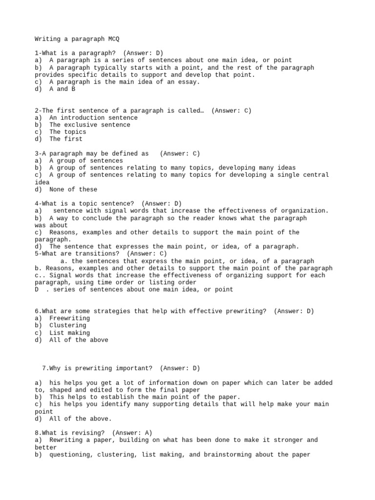 Writing Paragraph MCQ Solved v3 | PDF | Paragraph | Human Communication