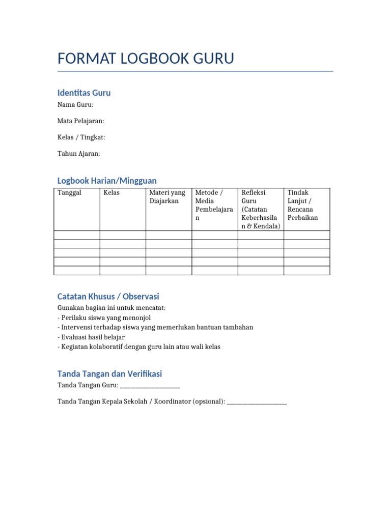 Contoh Format Logbook Guru | PDF
