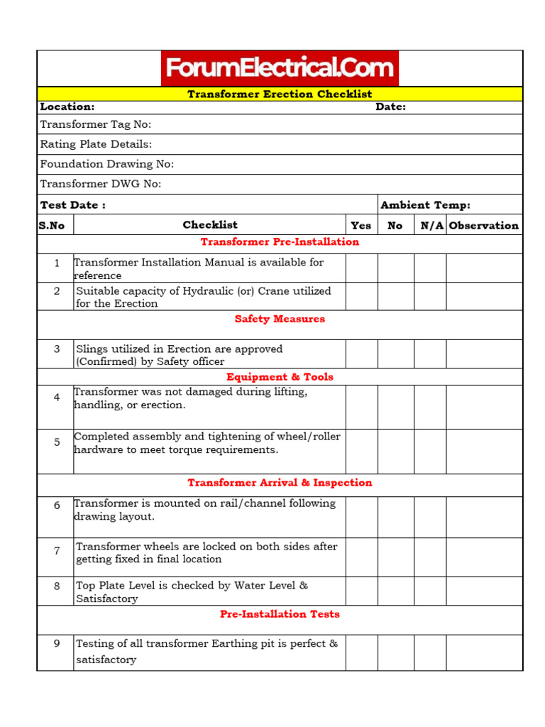 Transformer Erection Checklist | PDF | Transformer | Valve