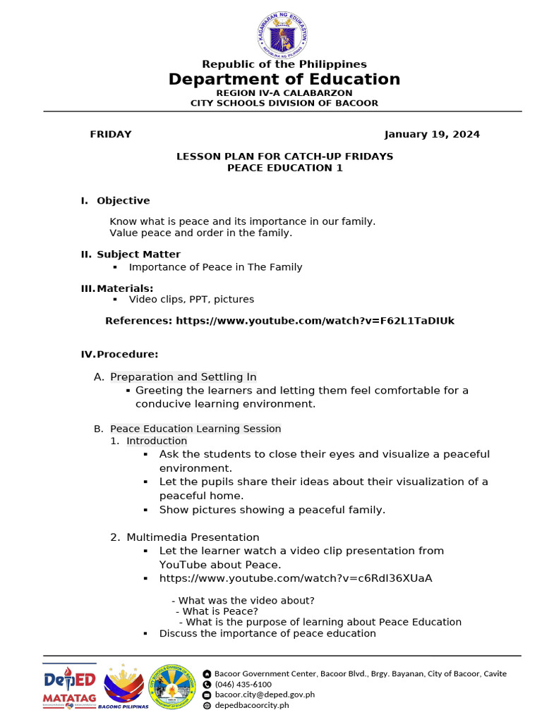 Peace Education Lesson Plan for Families | PDF | Learning | Cognition