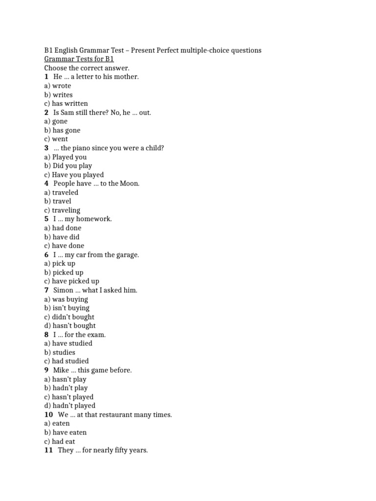 Present Perfect Tense Test | PDF