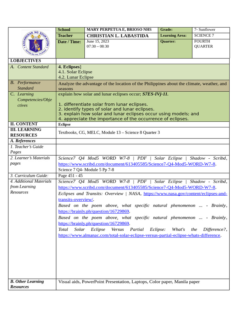 COT Science 7 - 1st Quarter | PDF | Solar Eclipse | Shadow
