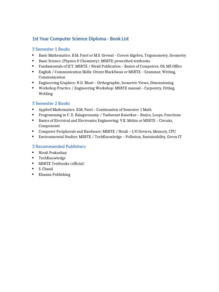 1st Year Computer Science Diploma Book List | PDF